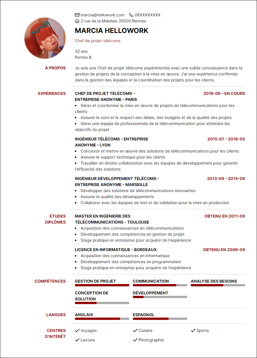 Exemple CV Chef de projet télécom | Hellowork