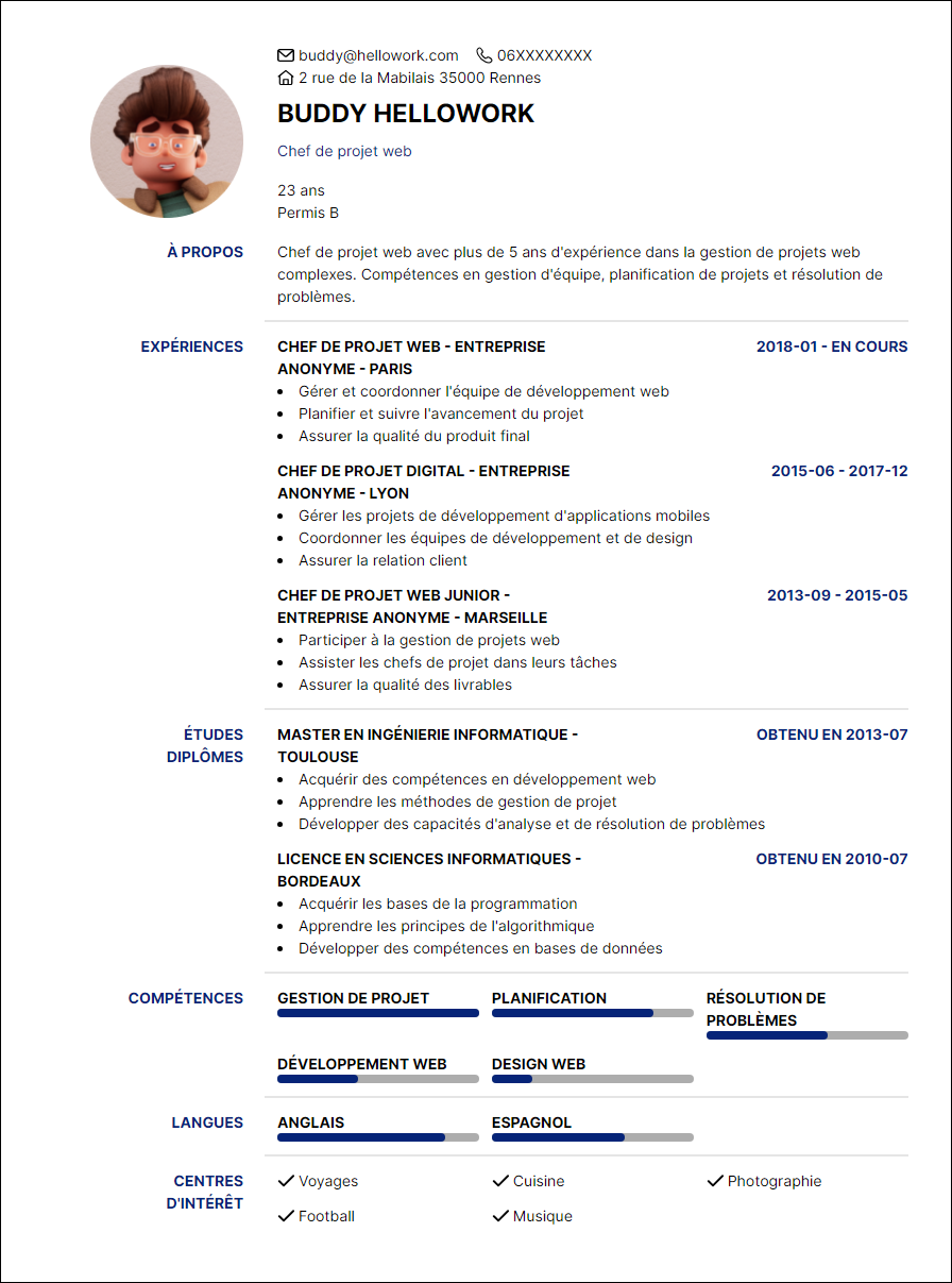 Exemple CV Chef de projet web | Hellowork