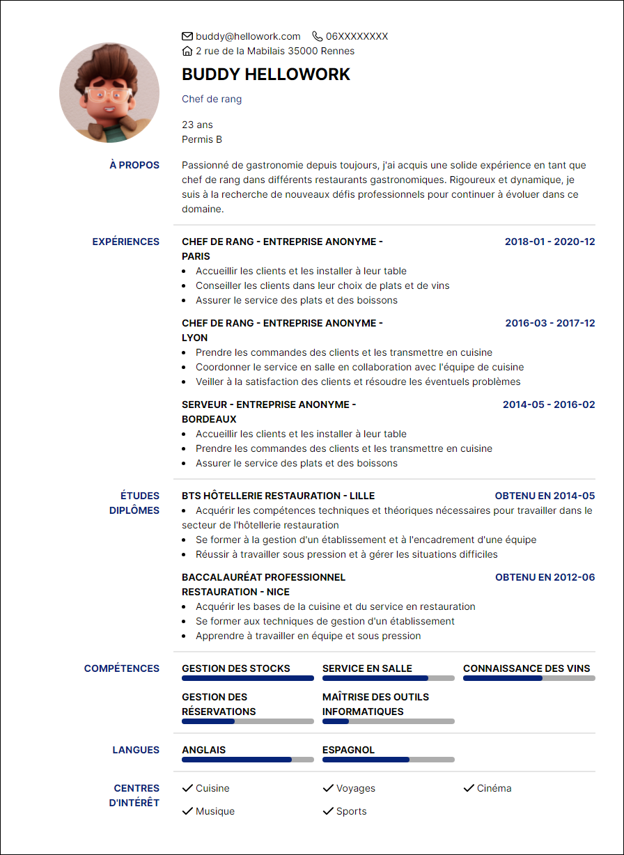 Exemple CV Chef de rang | Hellowork