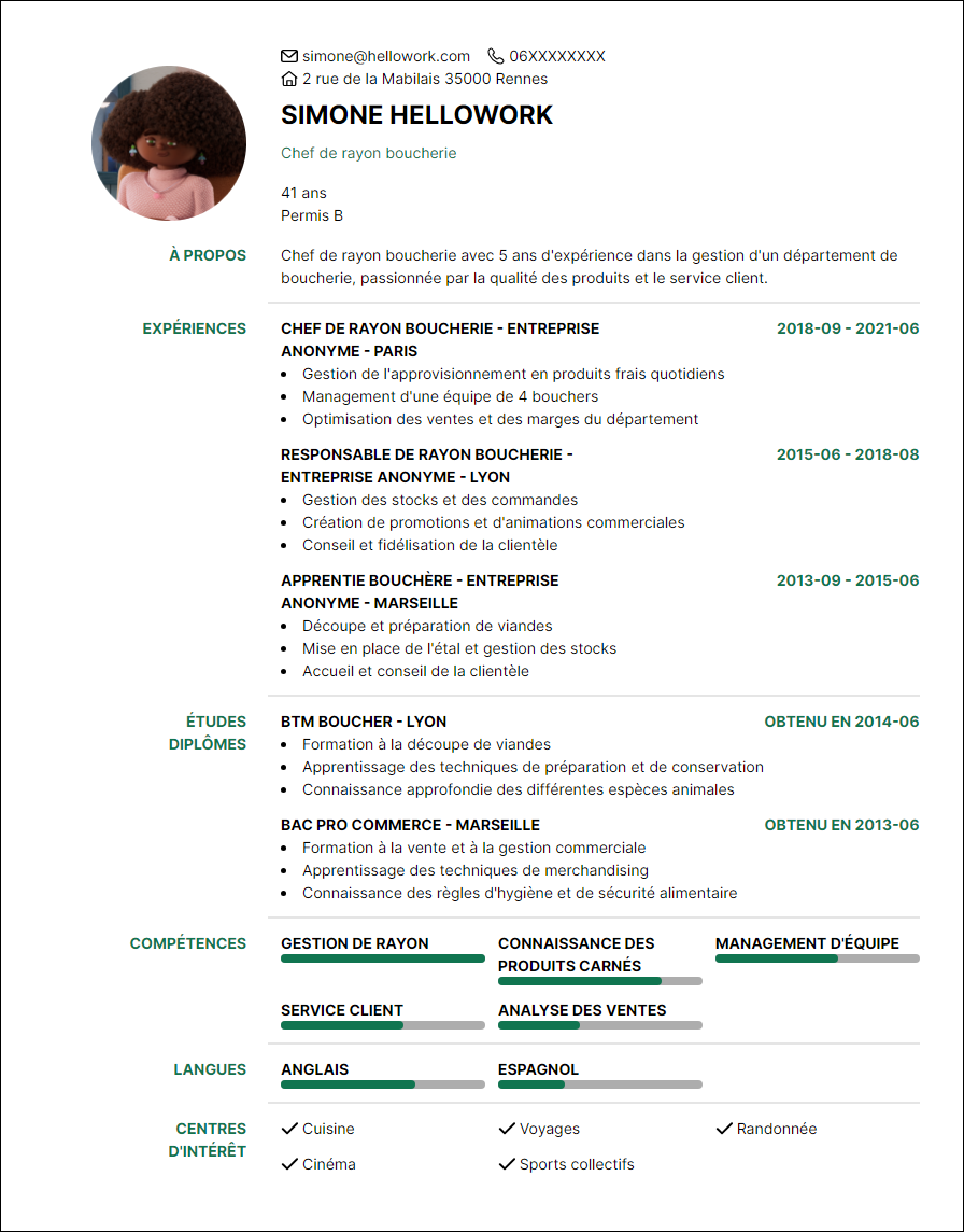 Exemple CV Chef de rayon boucherie | Hellowork