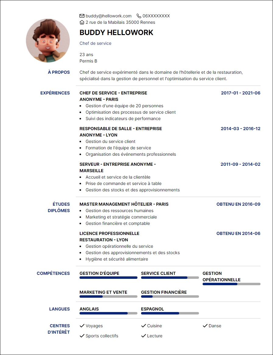 Exemple CV Chef de service | Hellowork