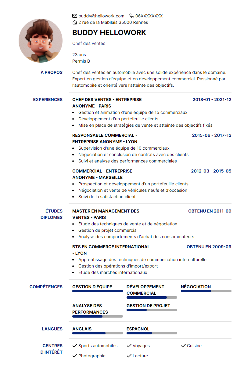 Exemple CV Chef de ventes automobile | Hellowork