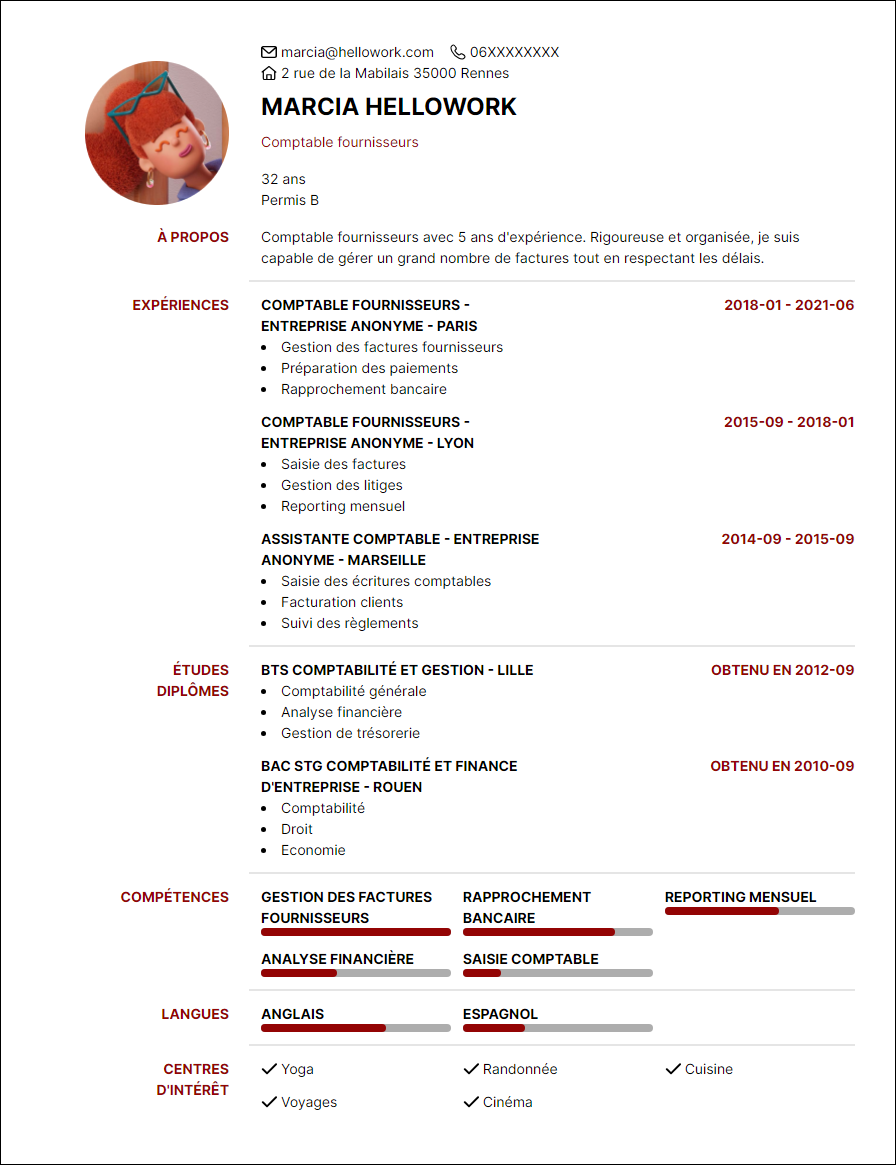 Exemple CV Comptable fournisseur | Hellowork