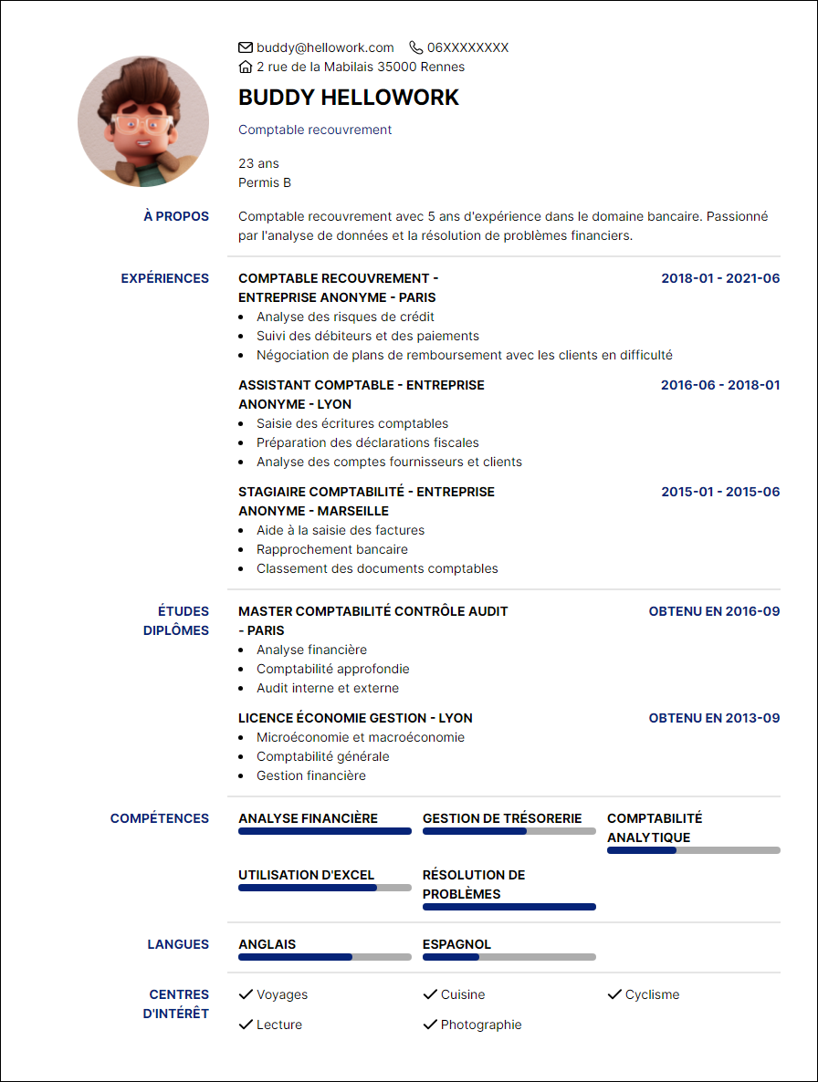 Exemple CV Comptable clients recouvrement | Hellowork
