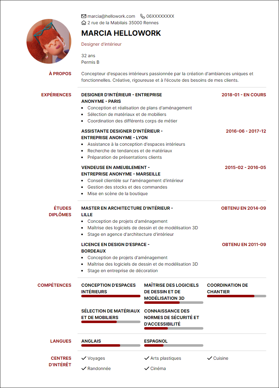 Exemple CV Designer d'espace | Hellowork