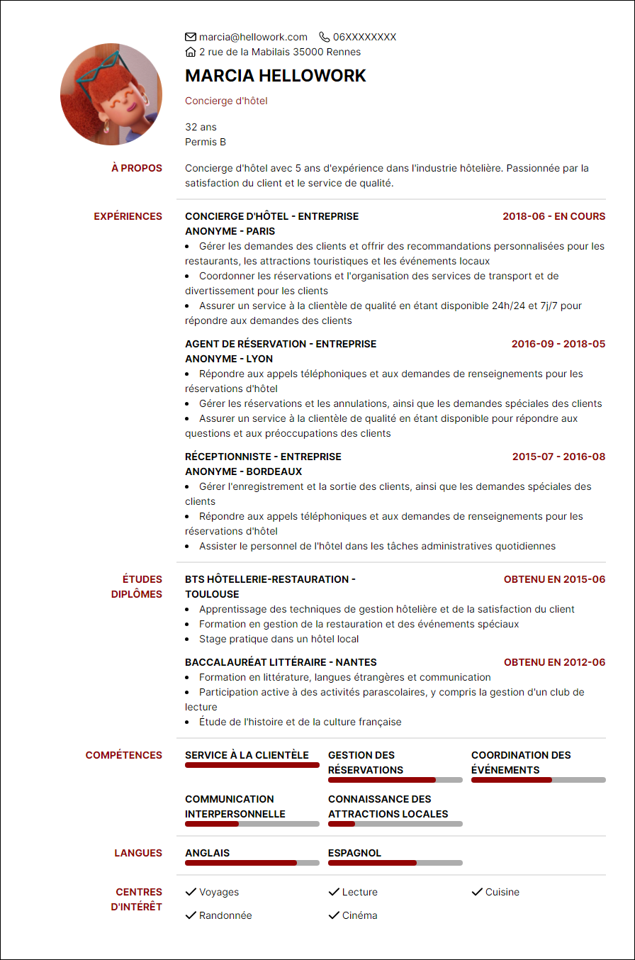 Exemple CV Concierge d'hôtel | Hellowork