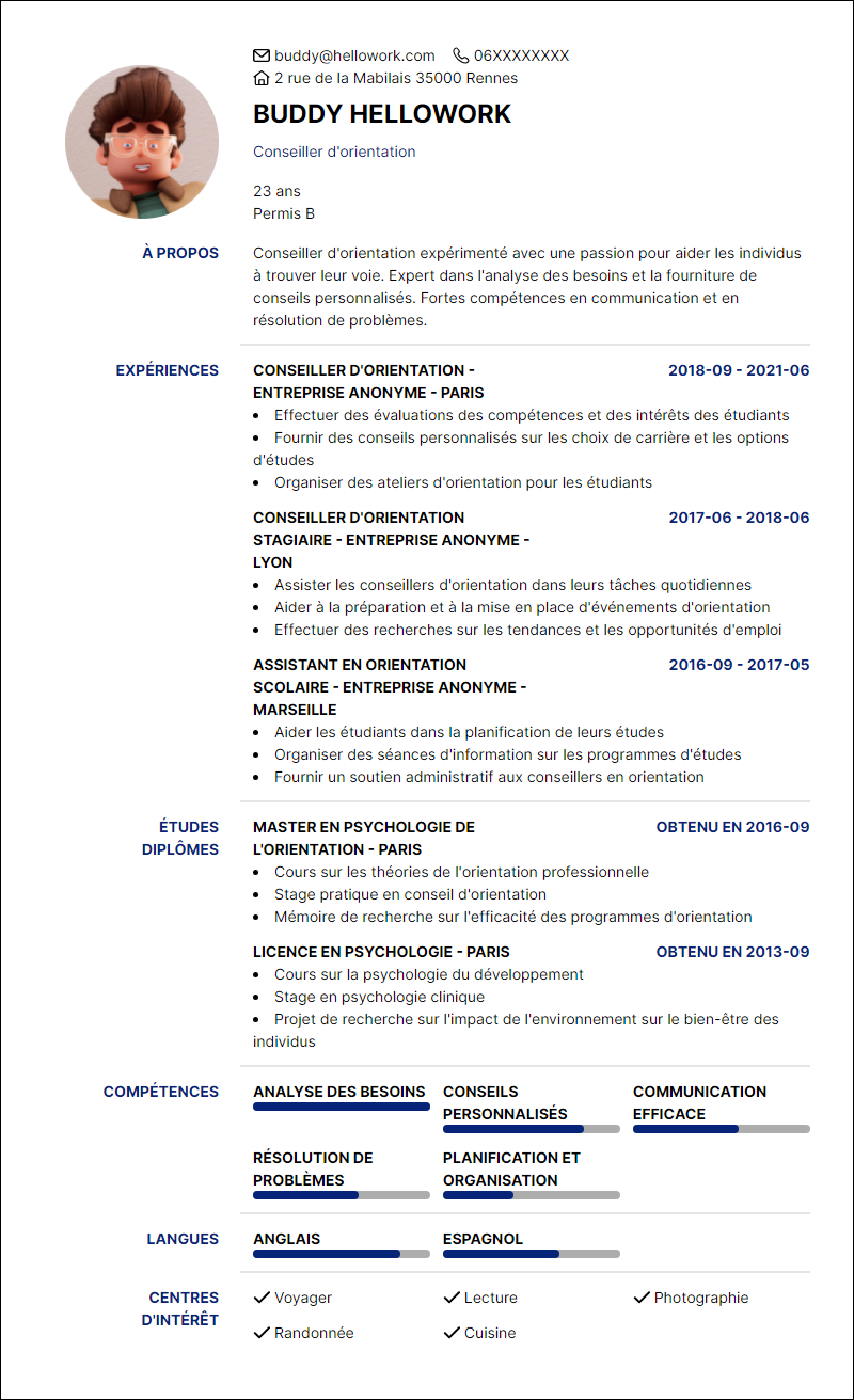 Exemple CV Conseiller d'orientation | Hellowork