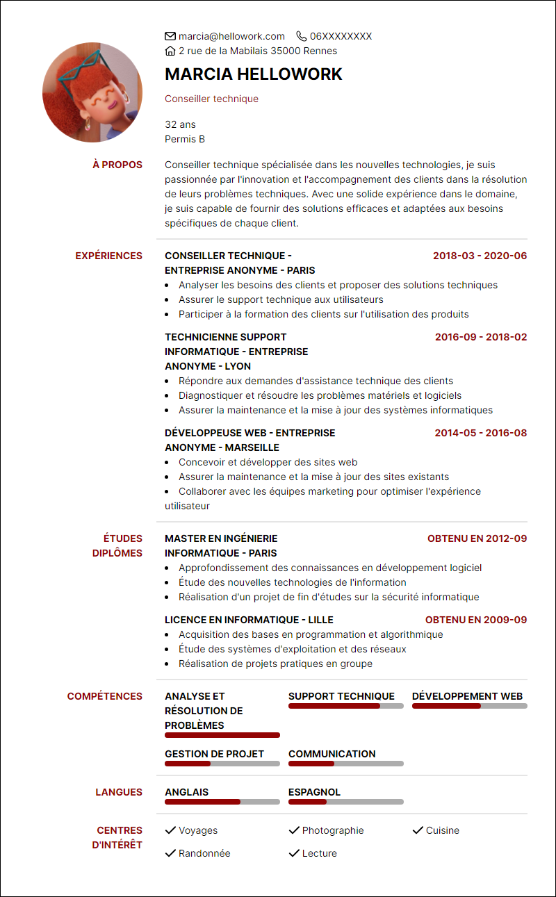 Exemple CV Conseiller technique | Hellowork