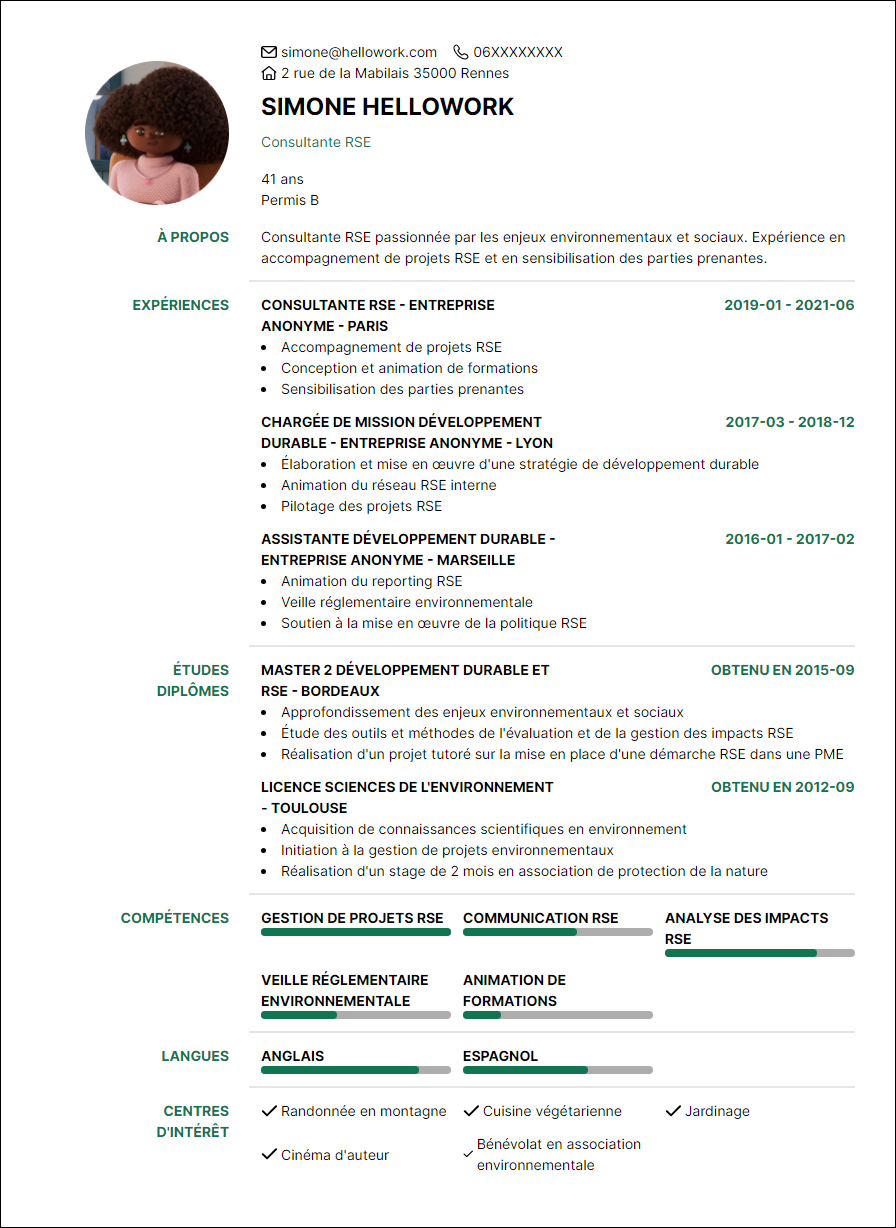 Exemple CV Consultant RSE | Hellowork
