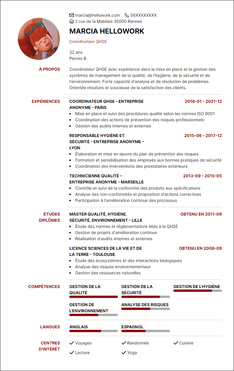 Exemple CV Coordinateur QHSE | Hellowork