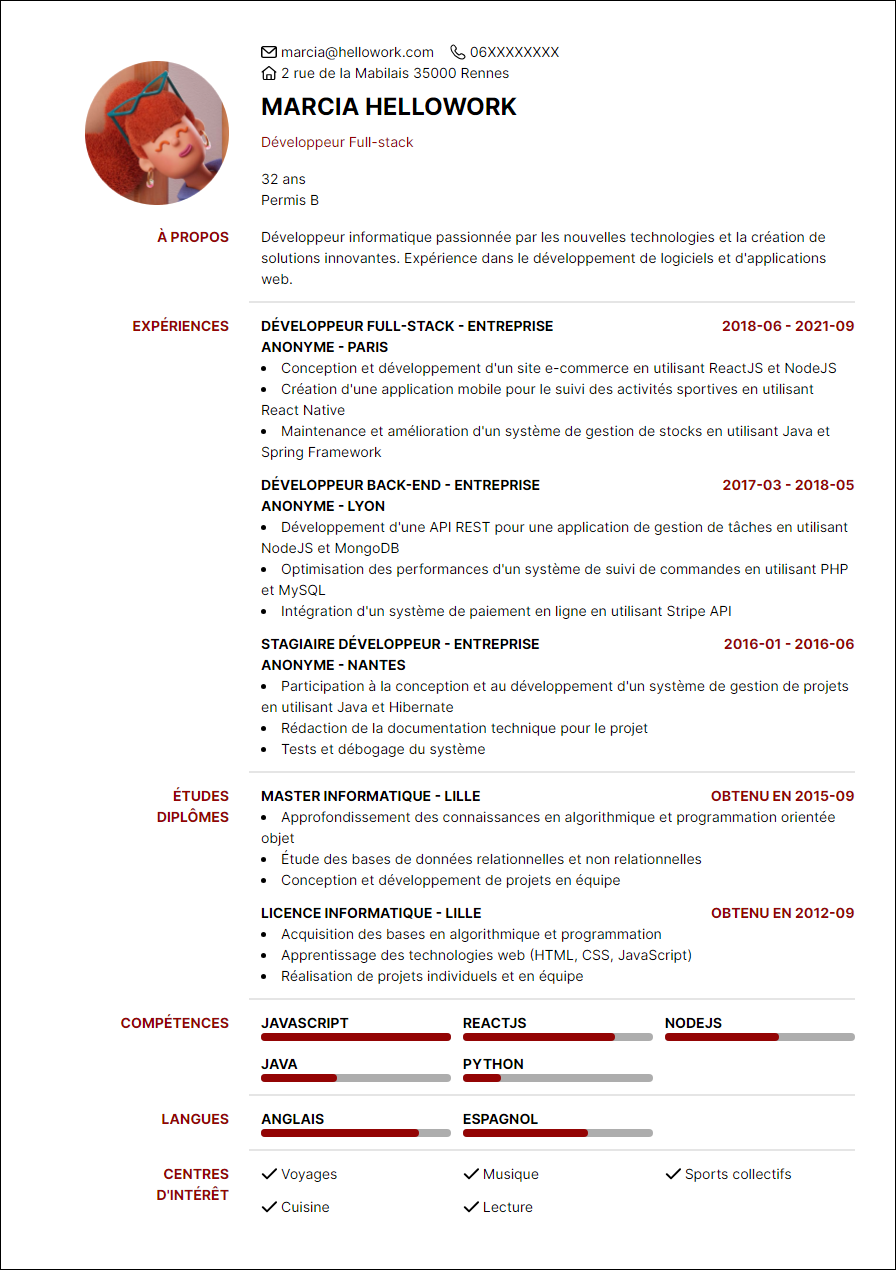 Exemple CV Développeur informatique | Hellowork