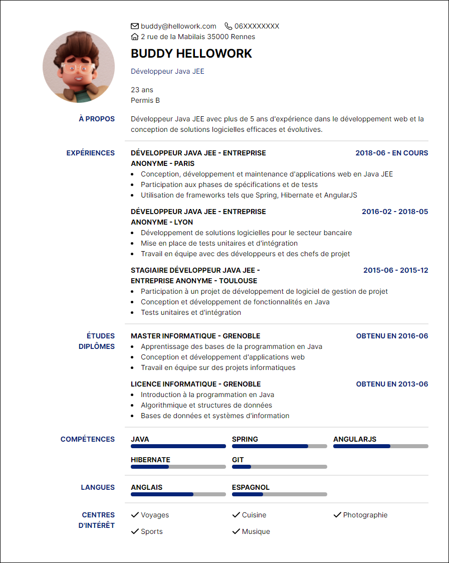Exemple CV Développeur Java | Hellowork