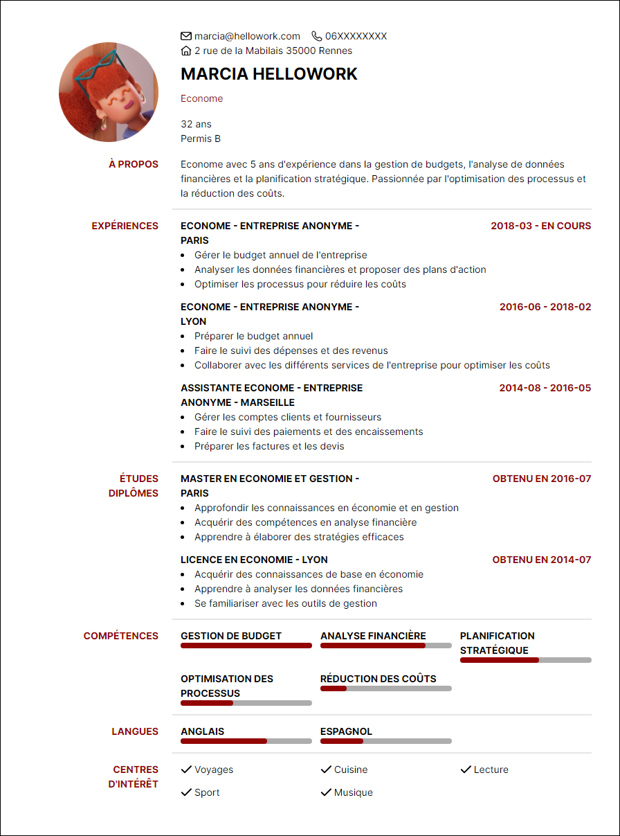 Exemple CV Econome | Hellowork
