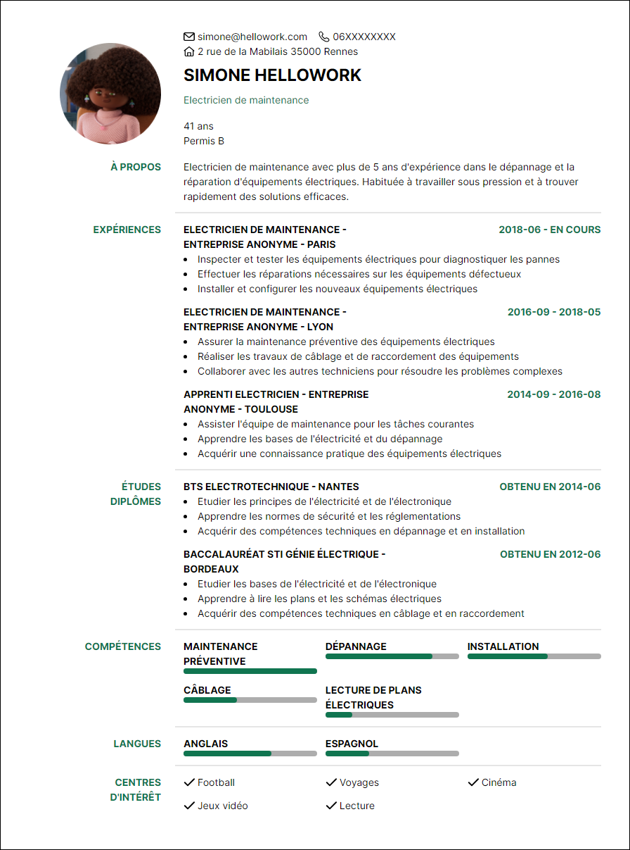 Exemple CV Electricien de maintenance | Hellowork