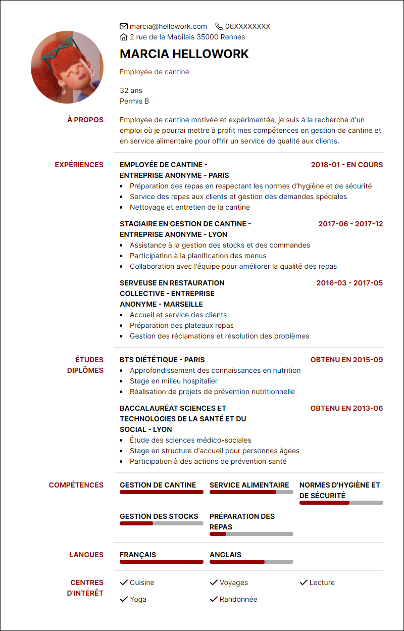 Exemple CV Cantinier | Hellowork