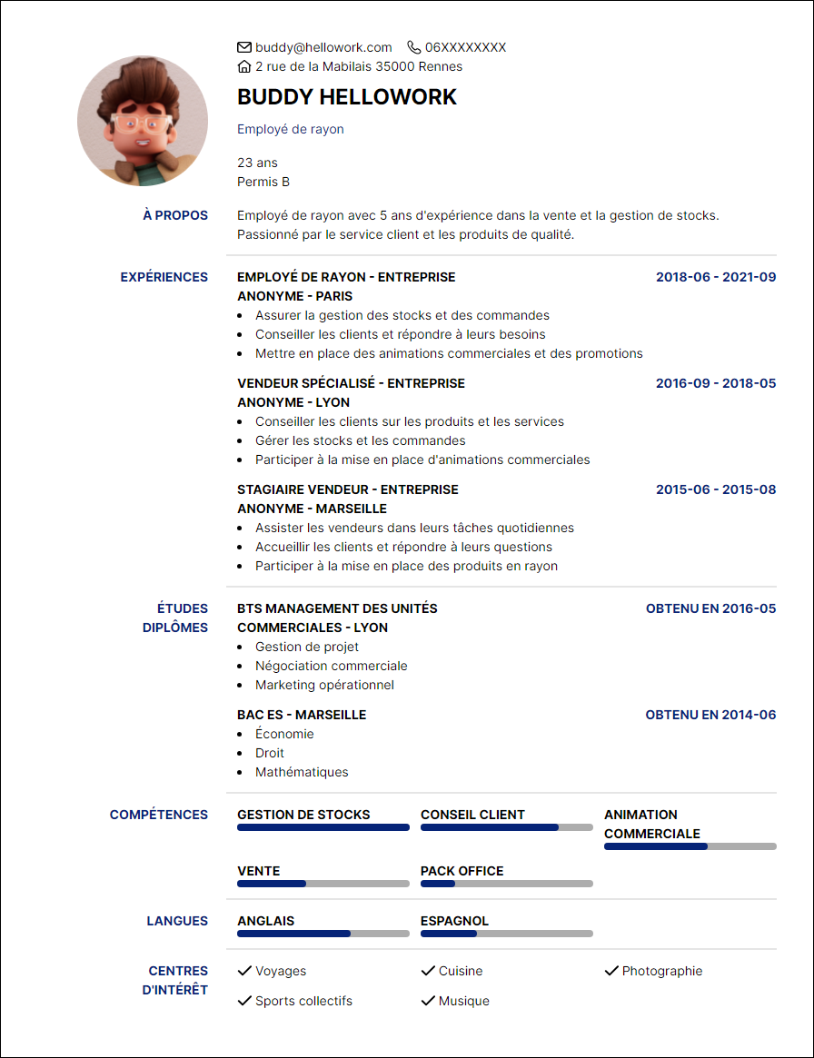 Exemple CV Employé de rayon | Hellowork