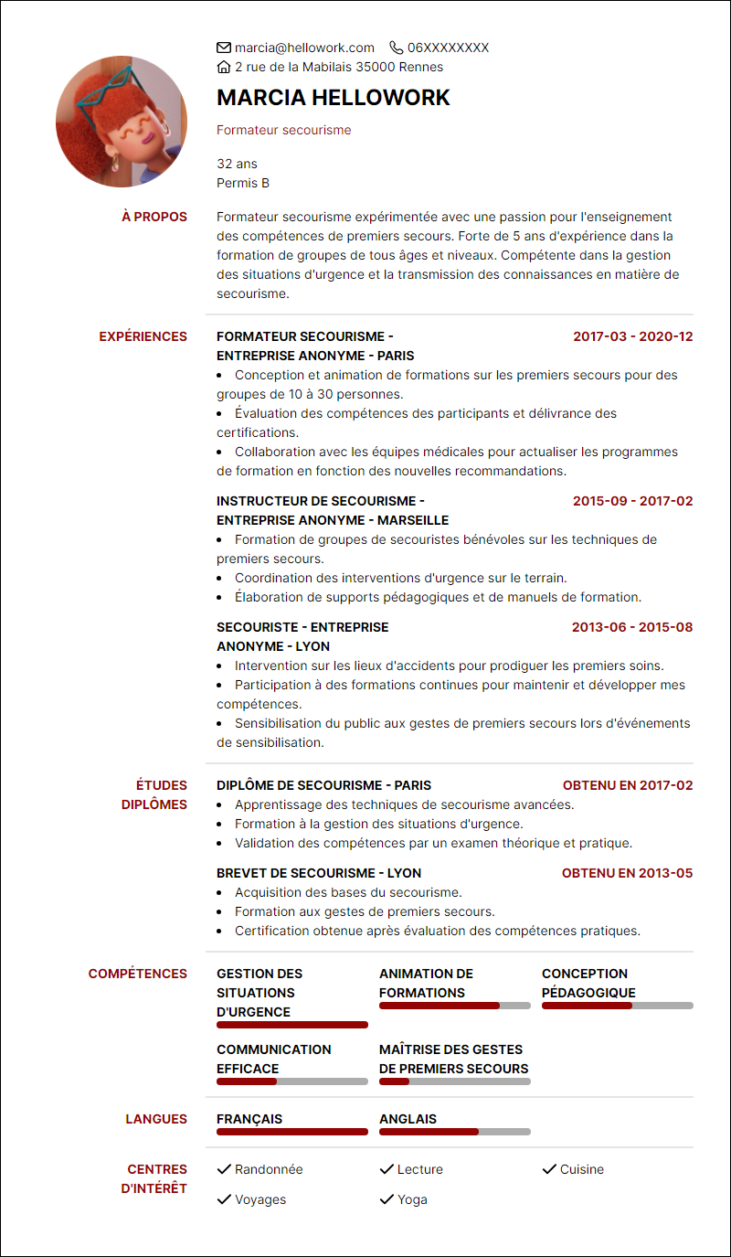 Exemple CV Formateur secourisme | Hellowork