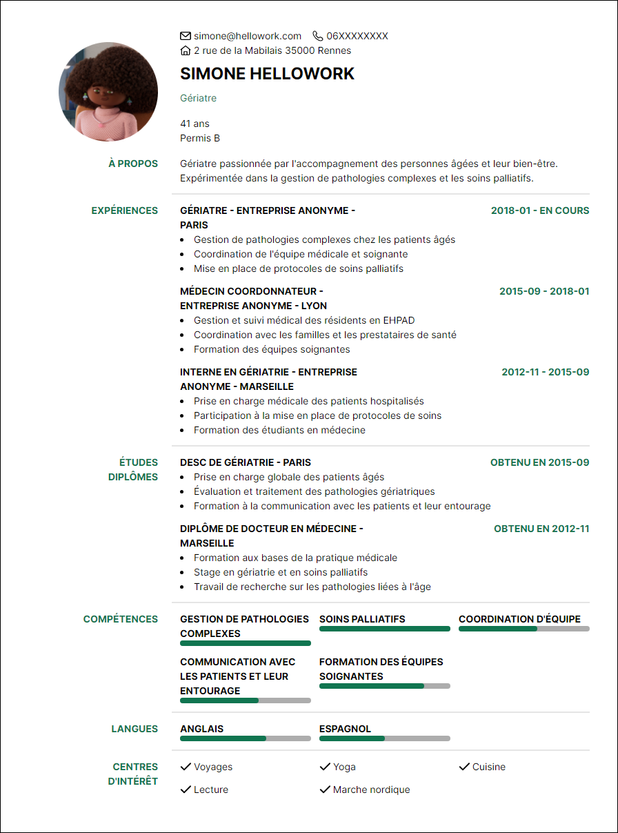 Exemple CV Gériatre | Hellowork