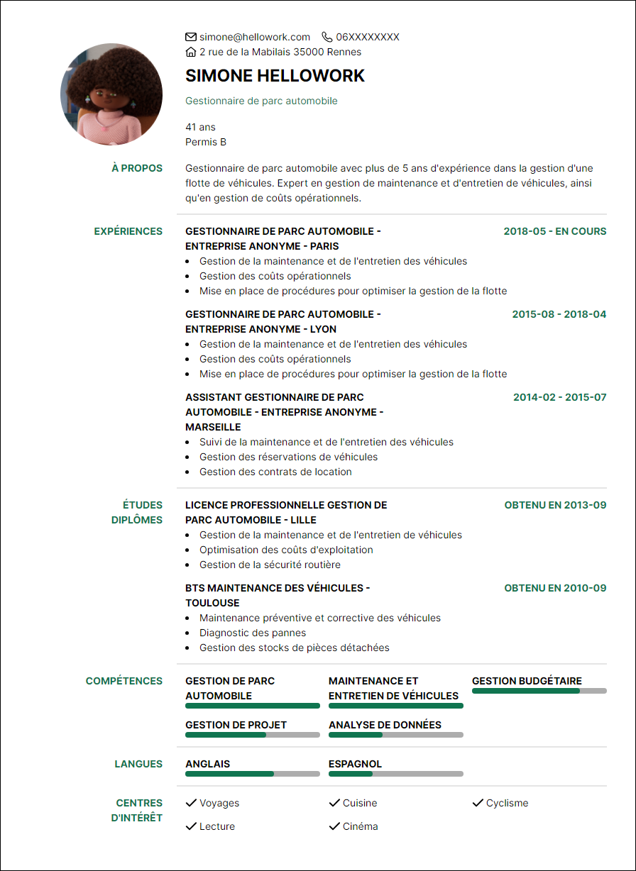 Exemple CV Gestionnaire de parc automobile | Hellowork
