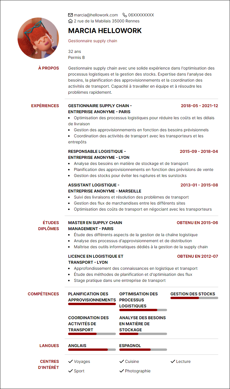 Exemple CV Gestionnaire supply chain | Hellowork