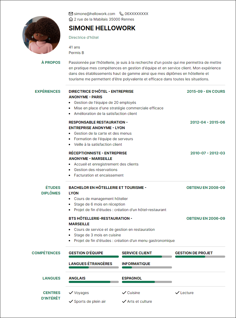 Exemple CV Hôtelier | Hellowork
