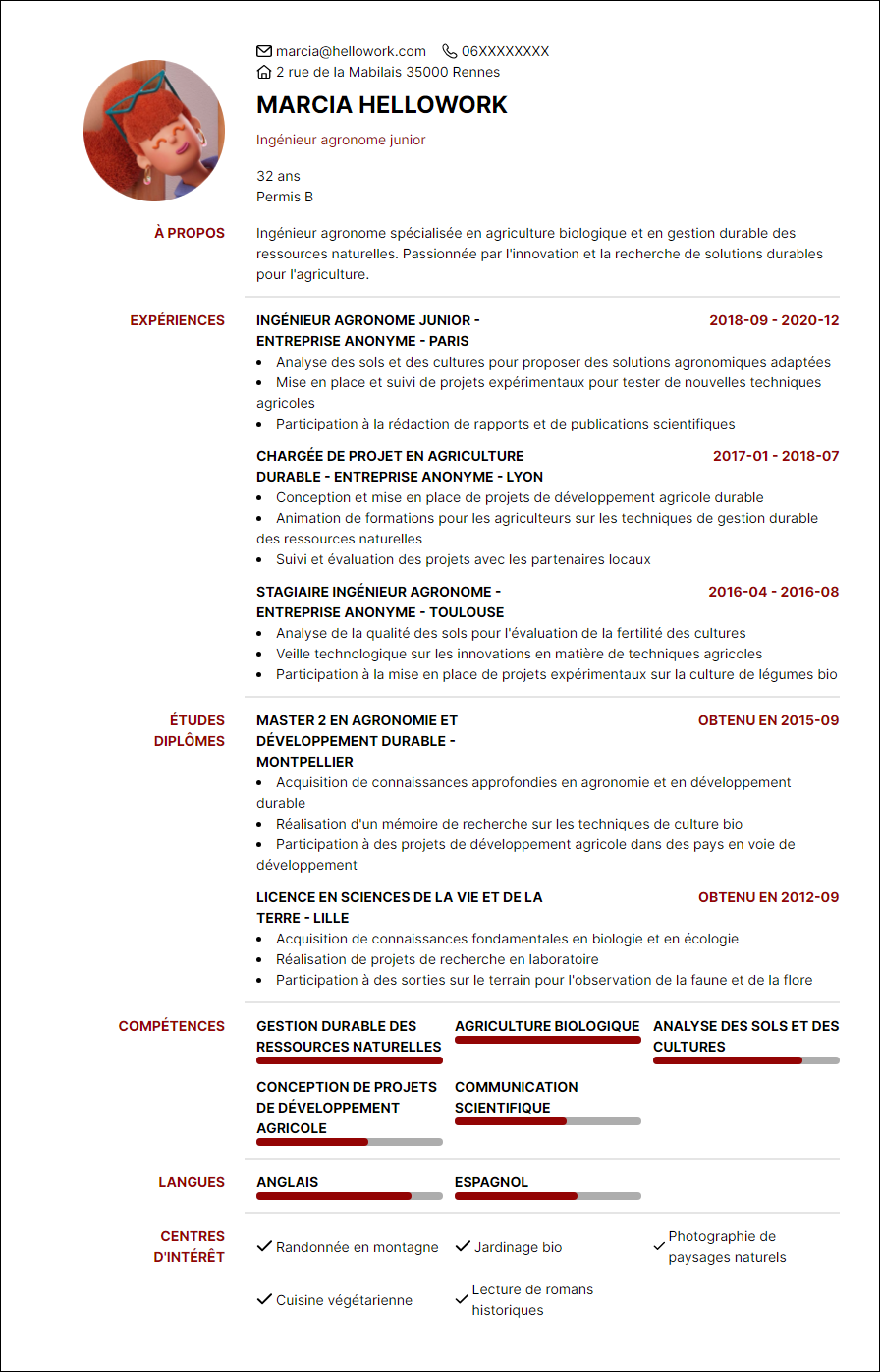 Exemple CV Ingénieur agronome | Hellowork