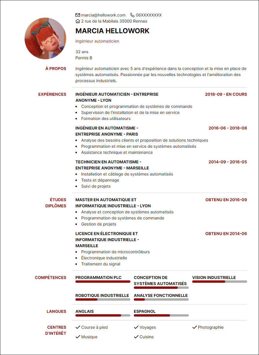 Exemple CV Ingénieur automaticien | Hellowork