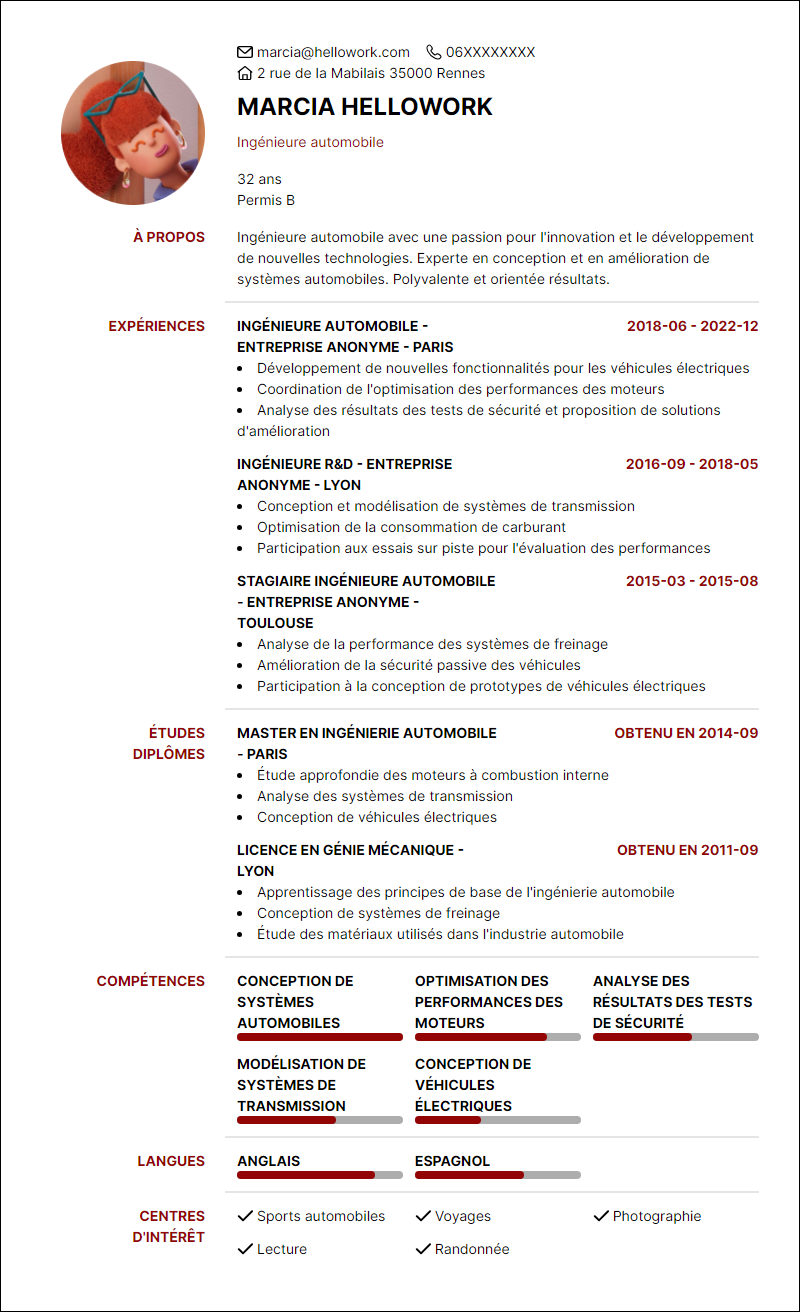 Exemple CV Ingénieur automobile | Hellowork