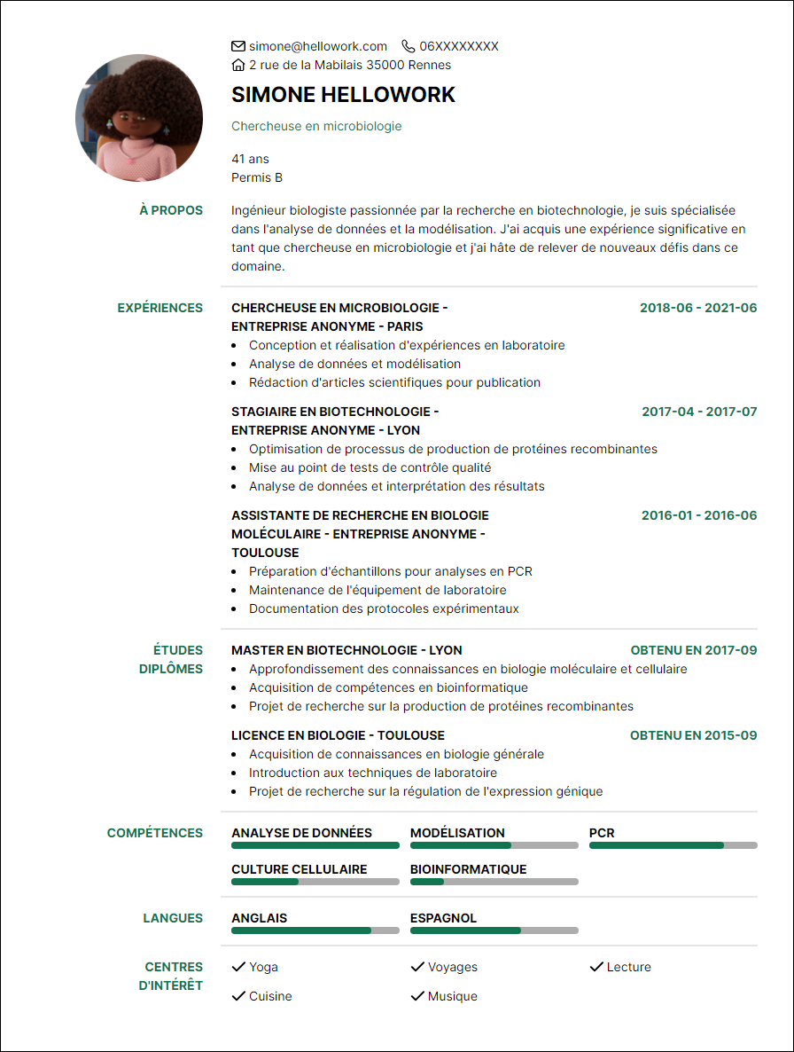 Exemple CV Ingénieur biologiste | Hellowork
