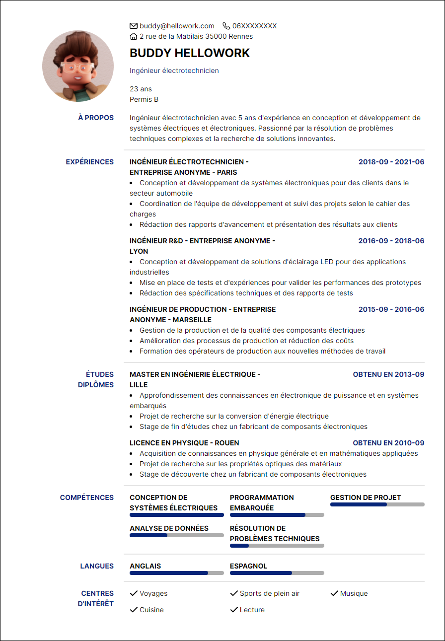 Exemple CV Ingénieur électrotechnicien | Hellowork