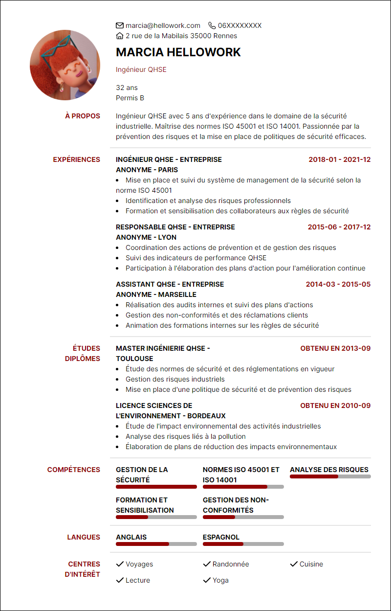 Exemple CV Ingénieur QHSE | Hellowork