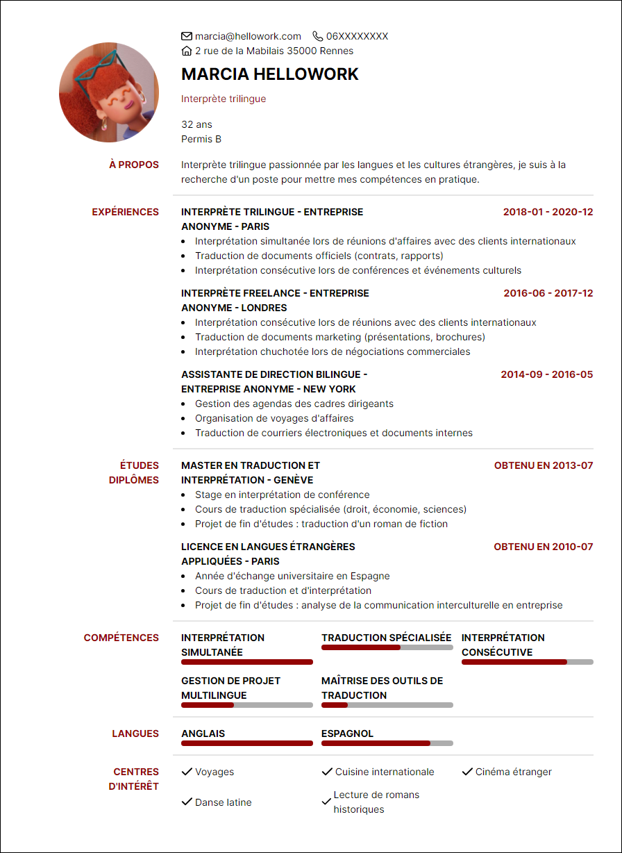 Exemple CV Interprète | Hellowork