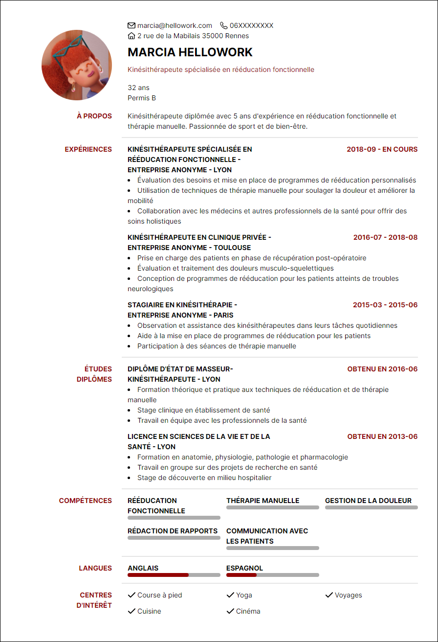 Exemple CV Kinésithérapeute | Hellowork