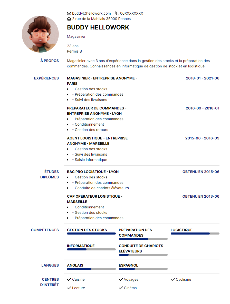 Exemple CV Magasinier | Hellowork