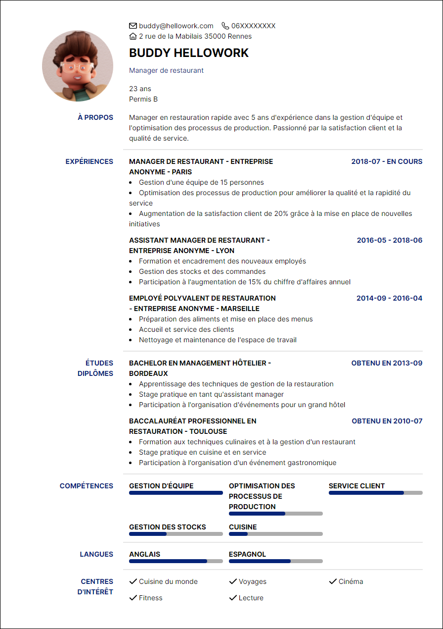 Exemple CV Manager en restauration rapide | Hellowork