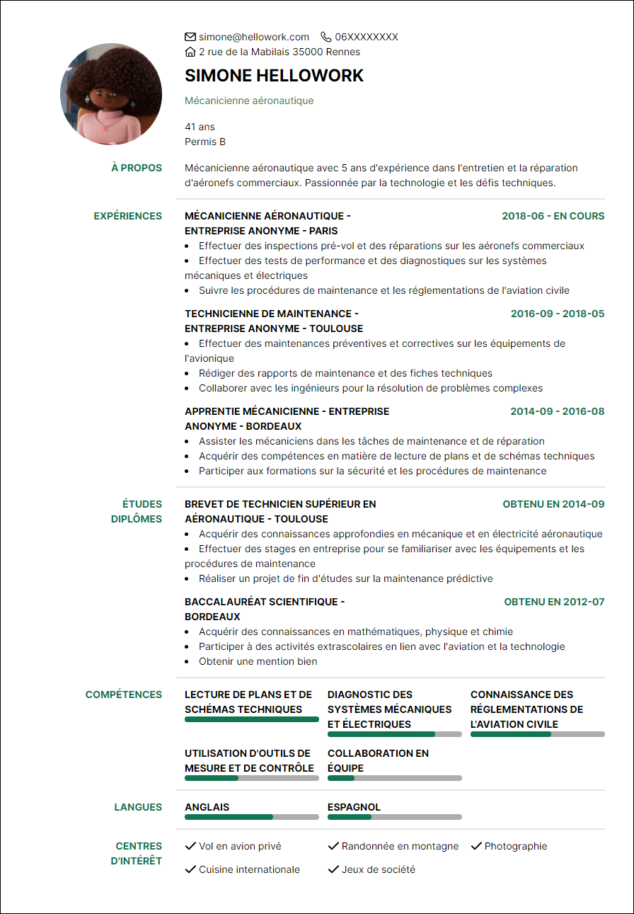 Exemple CV Mécanicien aéronautique | Hellowork
