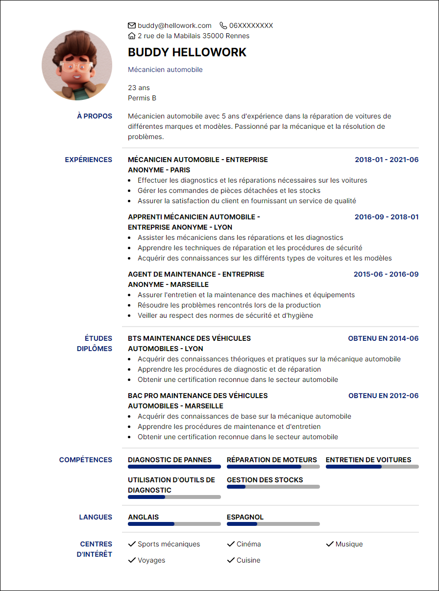 Exemple CV Mécanicien automobile | Hellowork