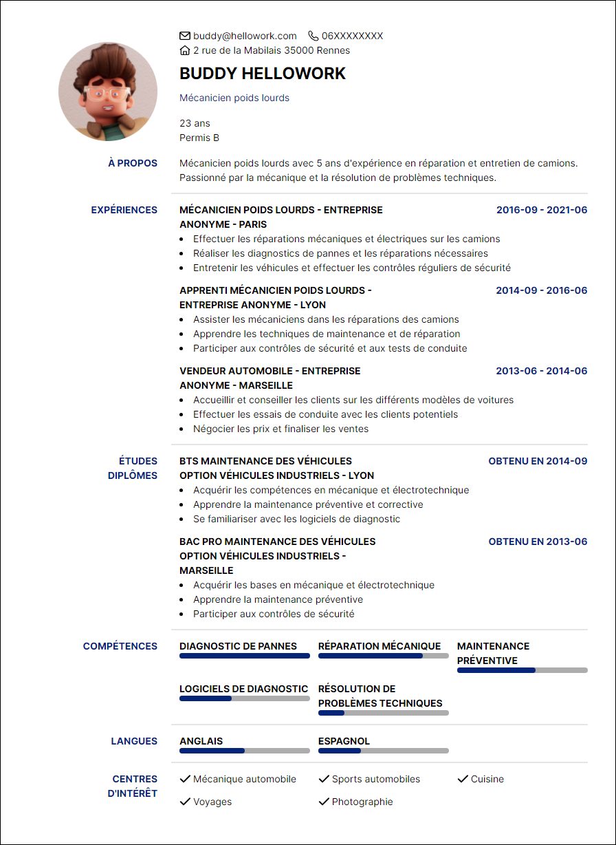 Exemple CV Mécanicien poids lourds | Hellowork