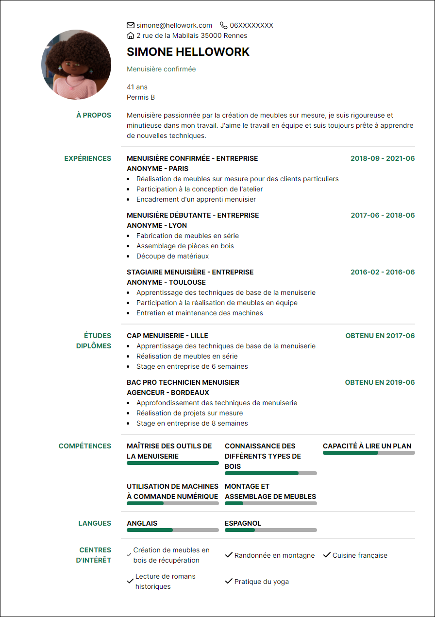 Exemple CV Menuisier | Hellowork