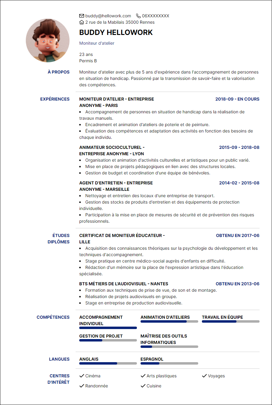 Exemple CV Moniteur d'atelier | Hellowork