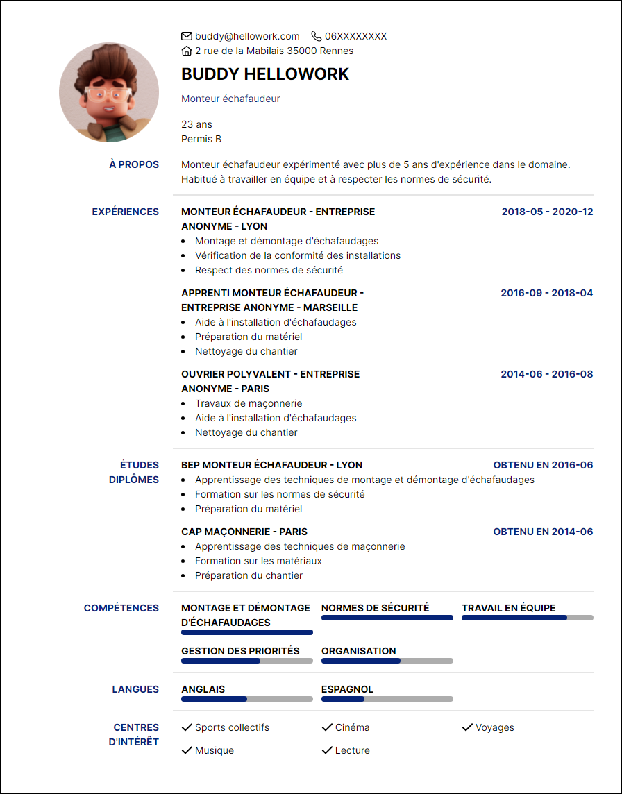 Exemple CV Echafaudeur | Hellowork