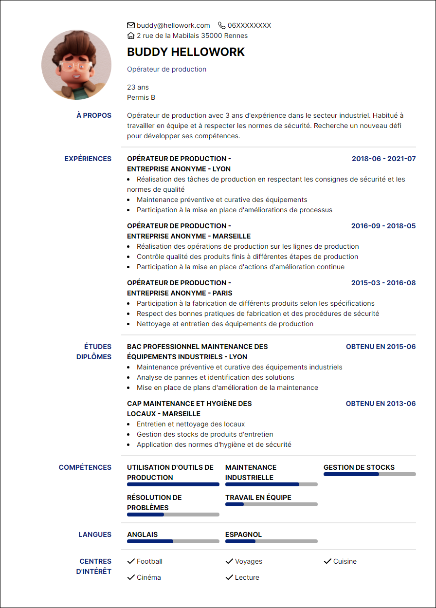 Exemple CV Opérateur de production | Hellowork