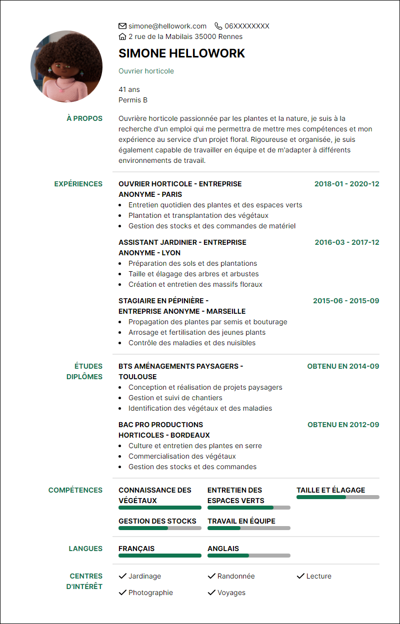 Exemple CV Ouvrier horticole | Hellowork