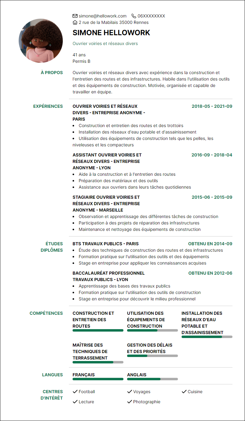 Exemple CV Ouvrier voiries et réseaux divers | Hellowork