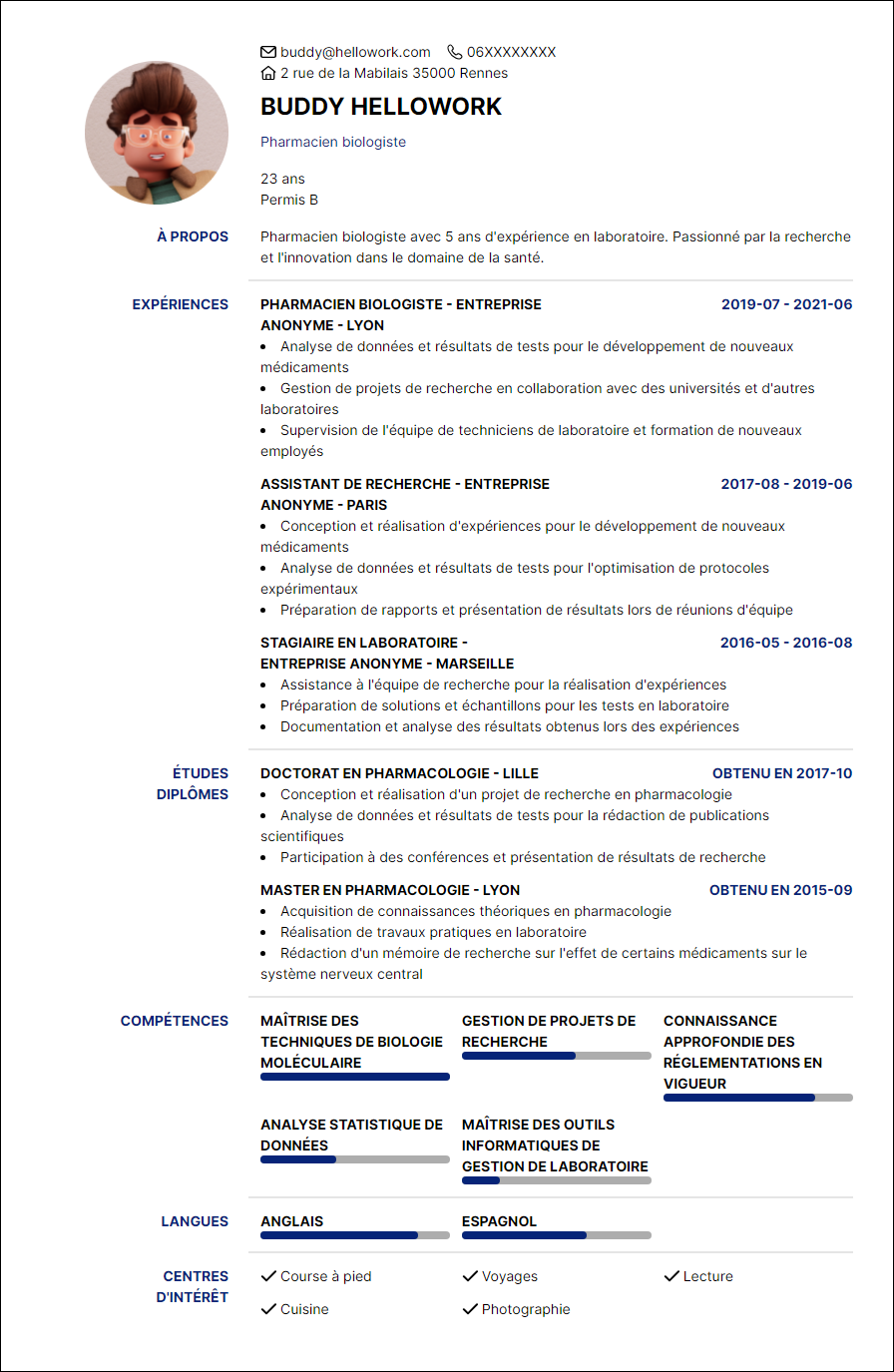 Exemple CV Pharmacien biologiste | Hellowork
