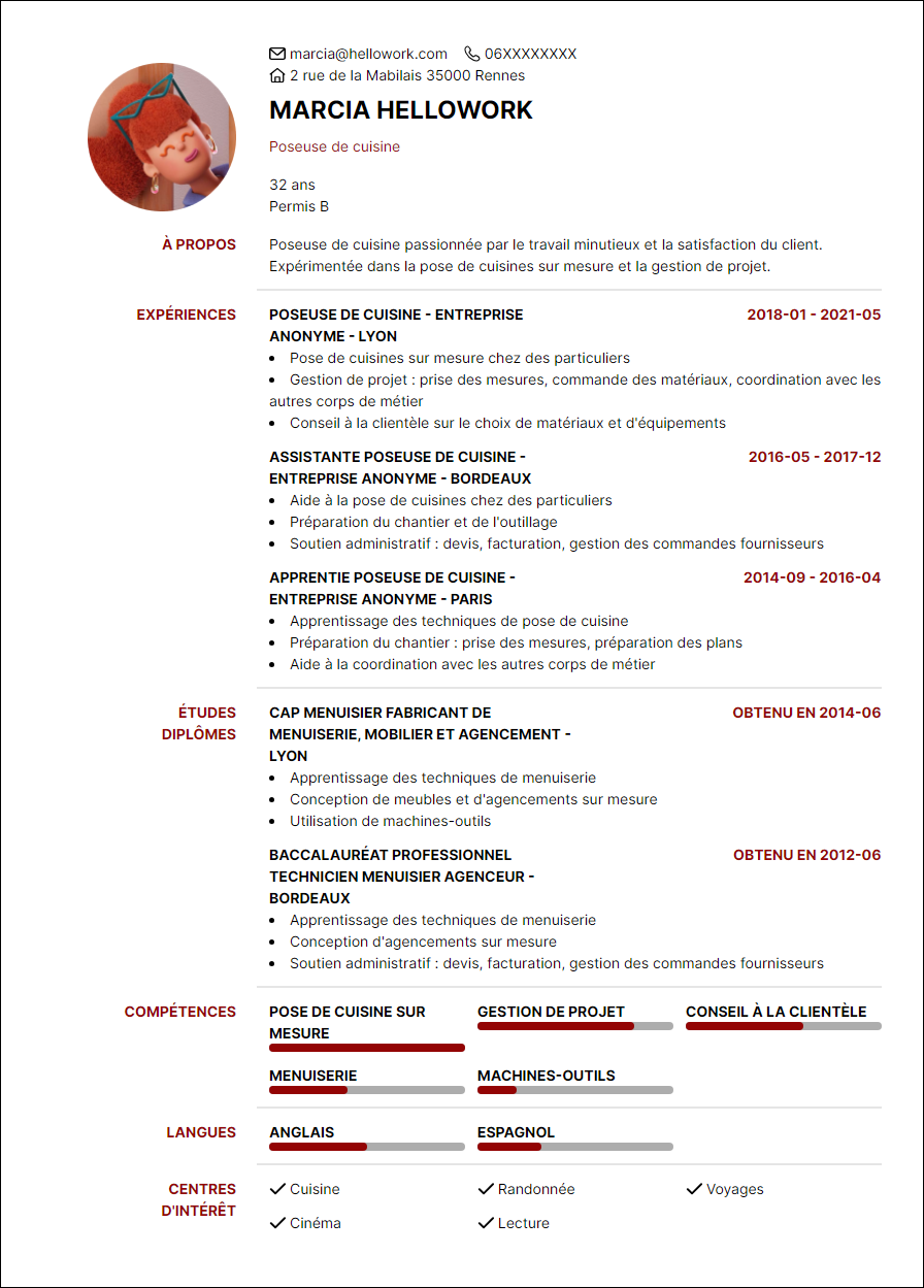 Exemple CV Poseur de cuisine | Hellowork