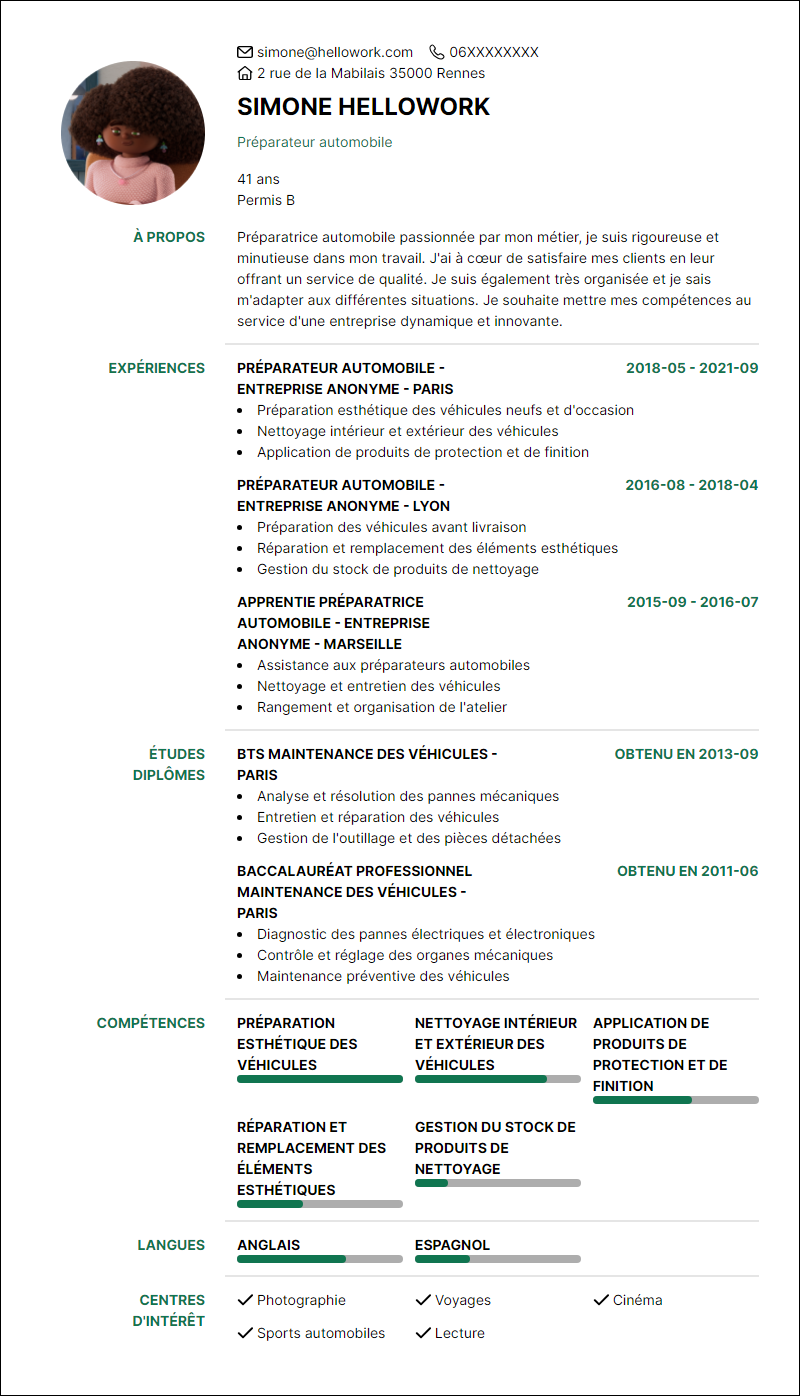 Exemple CV Préparateur automobile | Hellowork