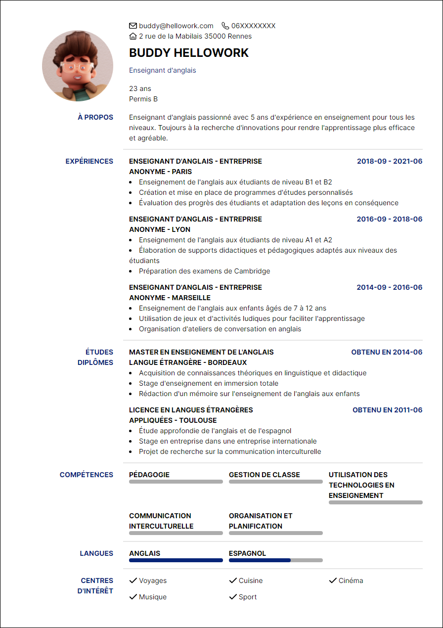 Exemple CV Professeur d'anglais | Hellowork