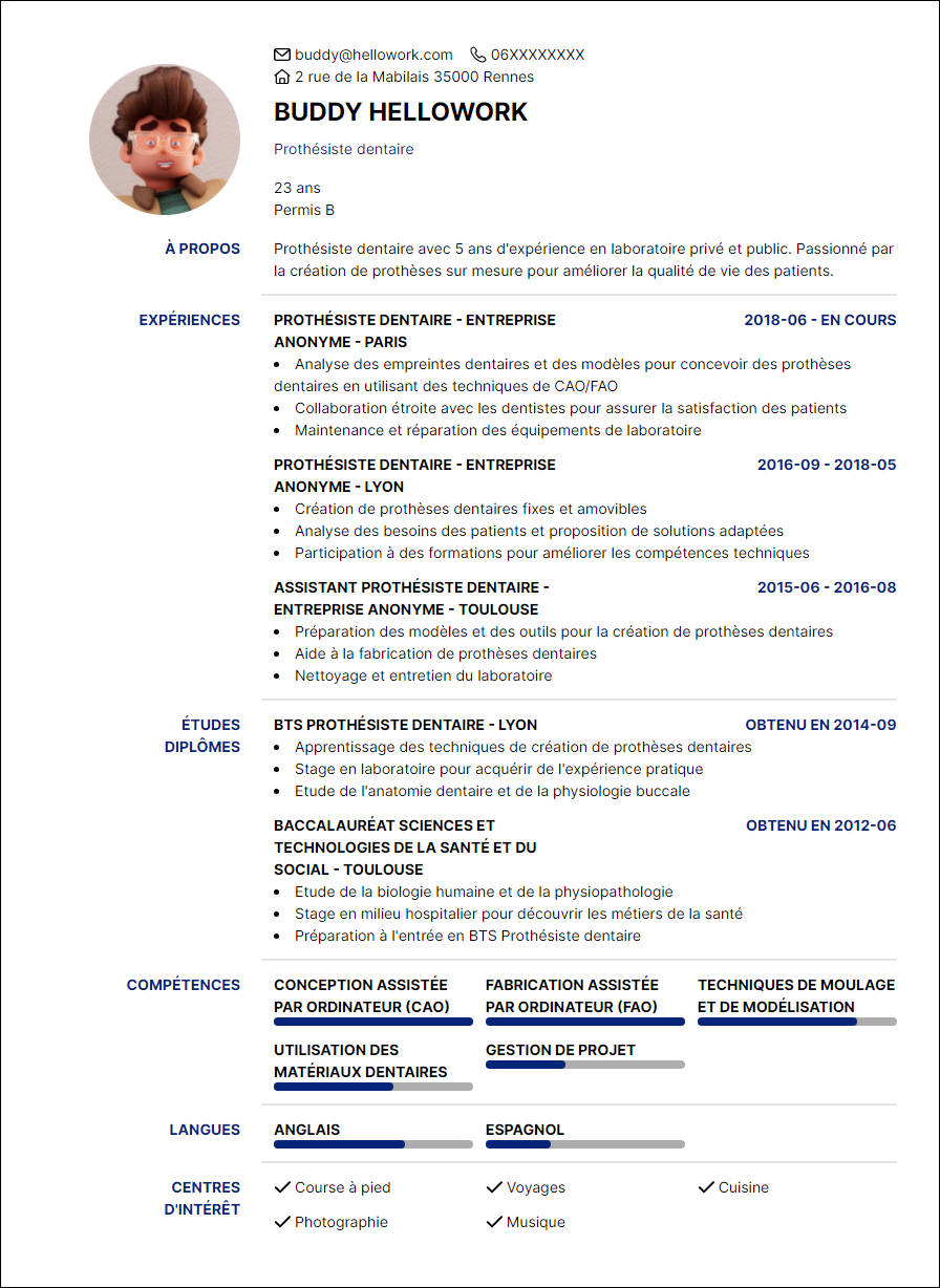 Exemple CV Prothésiste dentaire | Hellowork