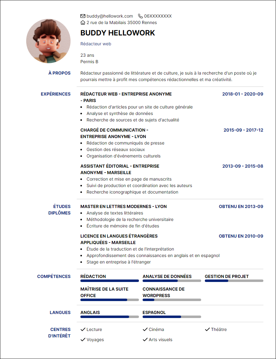 Exemple CV Rédacteur | Hellowork